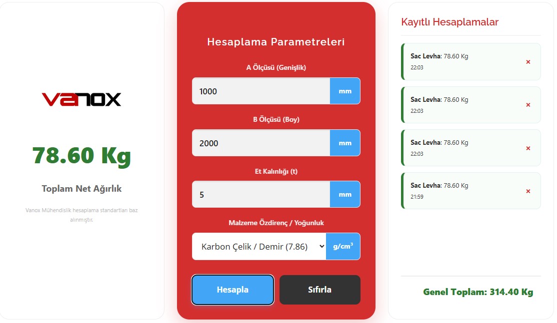 Sac Ağırlık Hesaplama | Sac, Boru, Profil Ağırlık Hesaplama - Vanox